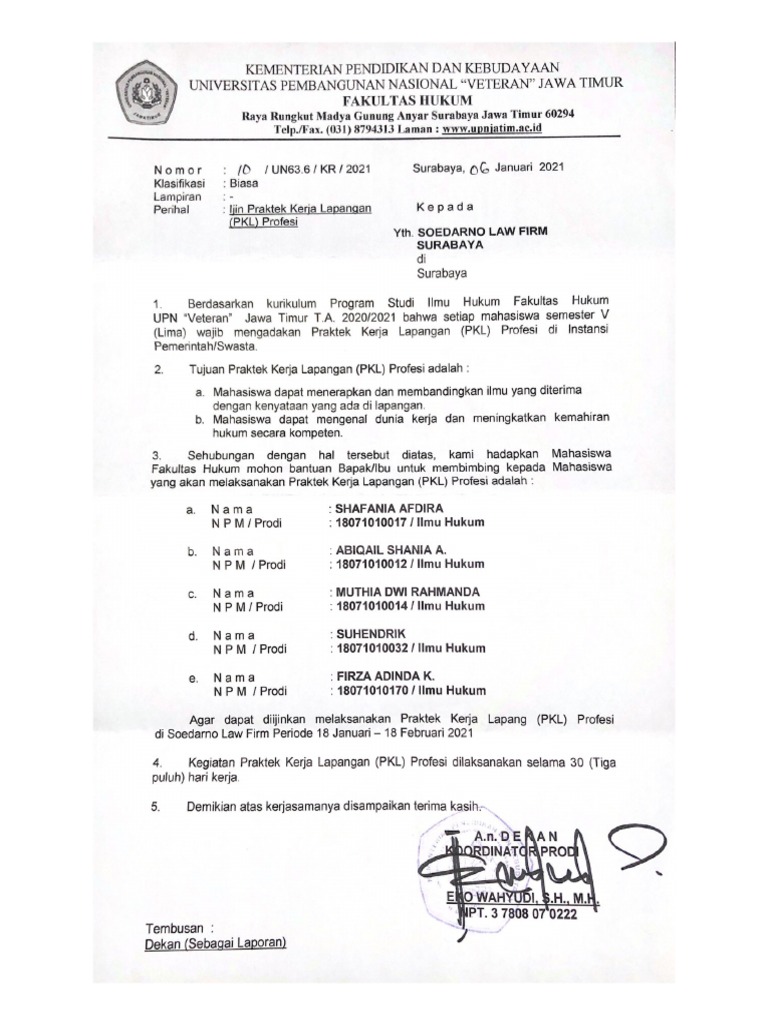 Surat Pengantar Praktik Kerja Lapangan Profesi | PDF