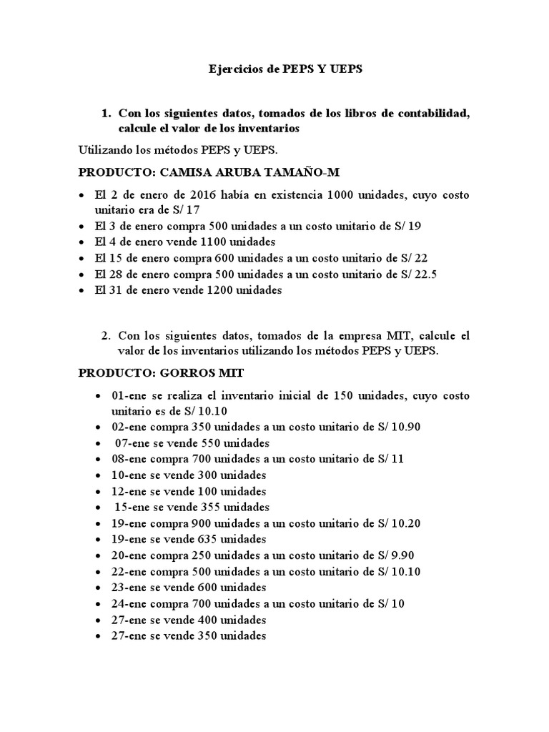 Ejercicios de PEPS, UEPS y Promedio Ponderado | PDF | Economias | Business