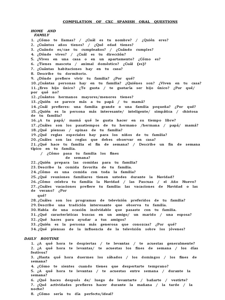 Compilation of CXC Spanish Oral Questions | PDF