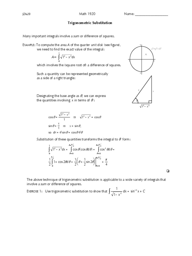 Trig Substitution Integral Guide | PDF | Trigonometric Functions | Sine