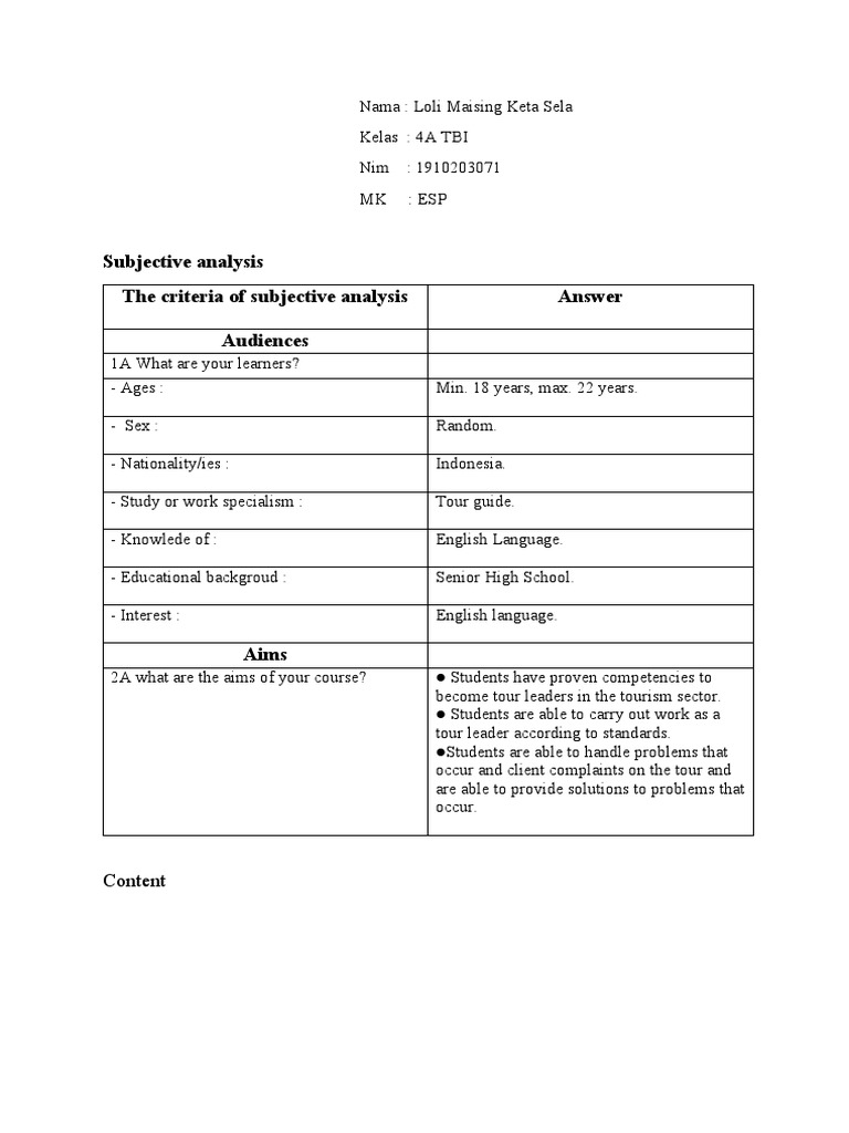 Subjective Analysis The Criteria of Subjective Analysis Answer ...