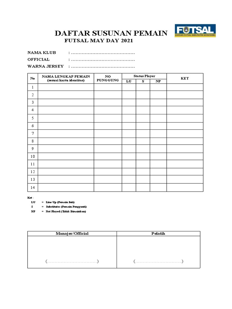 Daftar Susunan Pemain: Futsal May Day 2021 | PDF