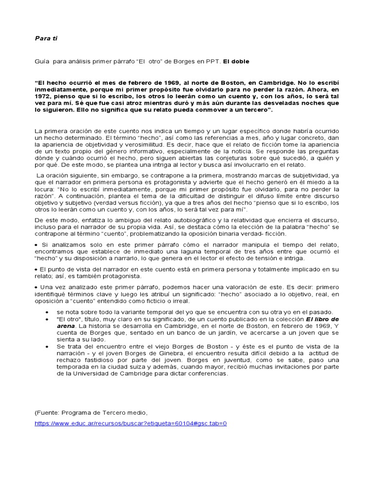 Guía para Analisis El Otro de Borges | PDF | Cuentos | Verdad