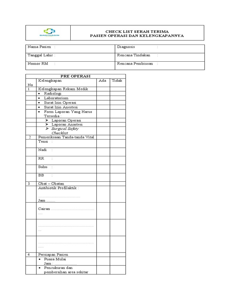 CHECK LIST SERAH TERIMA Pasien Operasi | PDF | Sains & Matematika