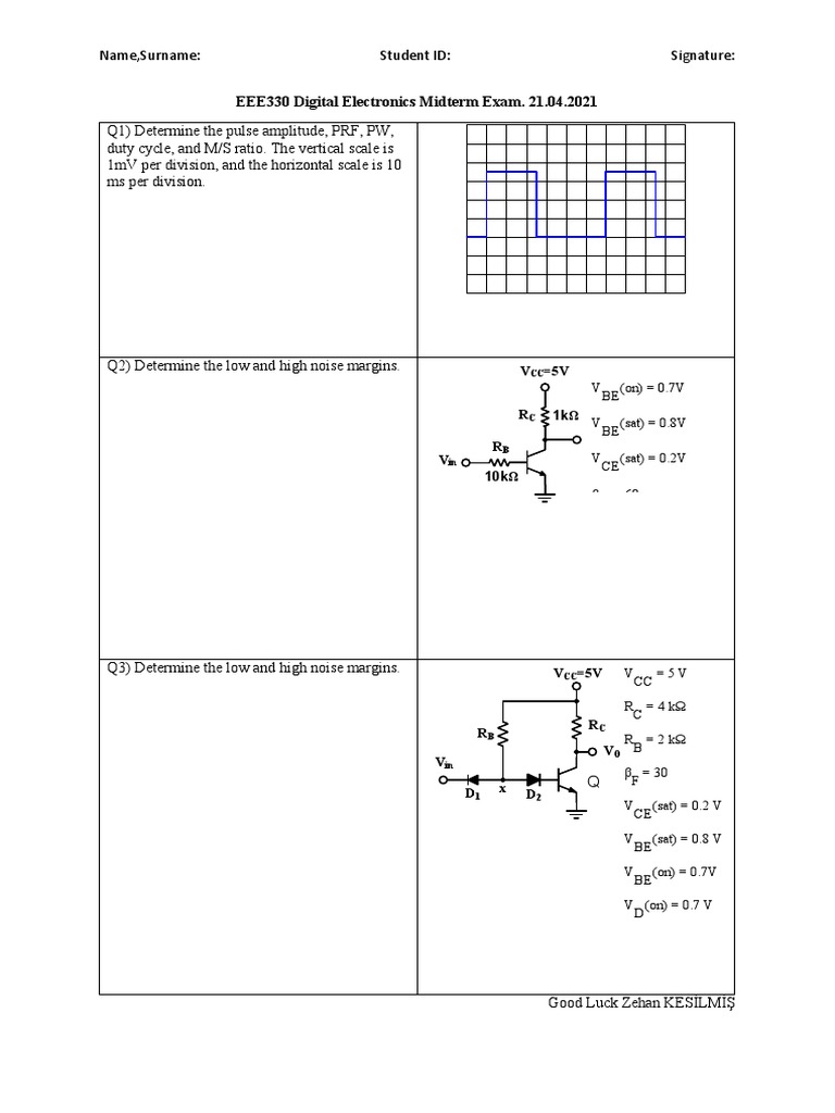 Eee330 Digital Electronics Midterm Exam | PDF | Electromagnetism ...