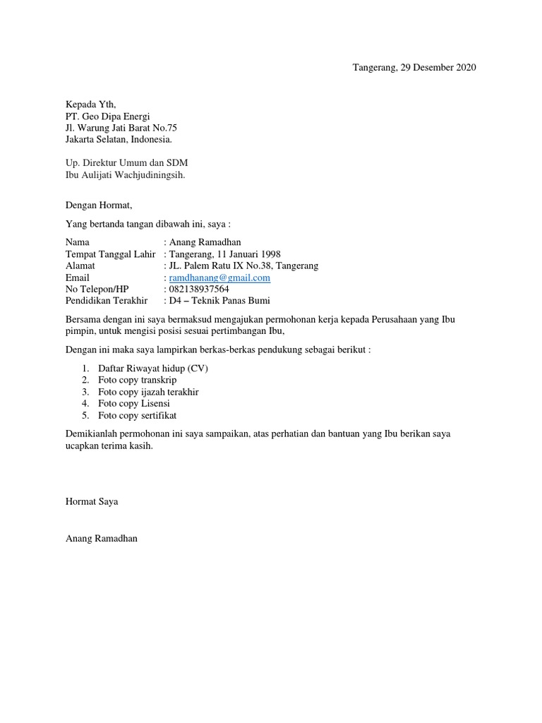 Surat Lamaran Geo Dipa | PDF