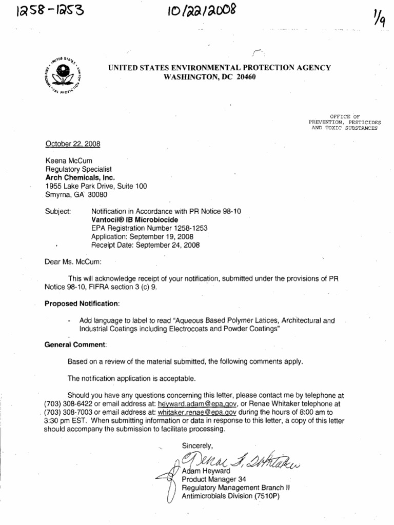 Vantocil Ib - Epa Certification | PDF | Adhesive | Clean Water Act