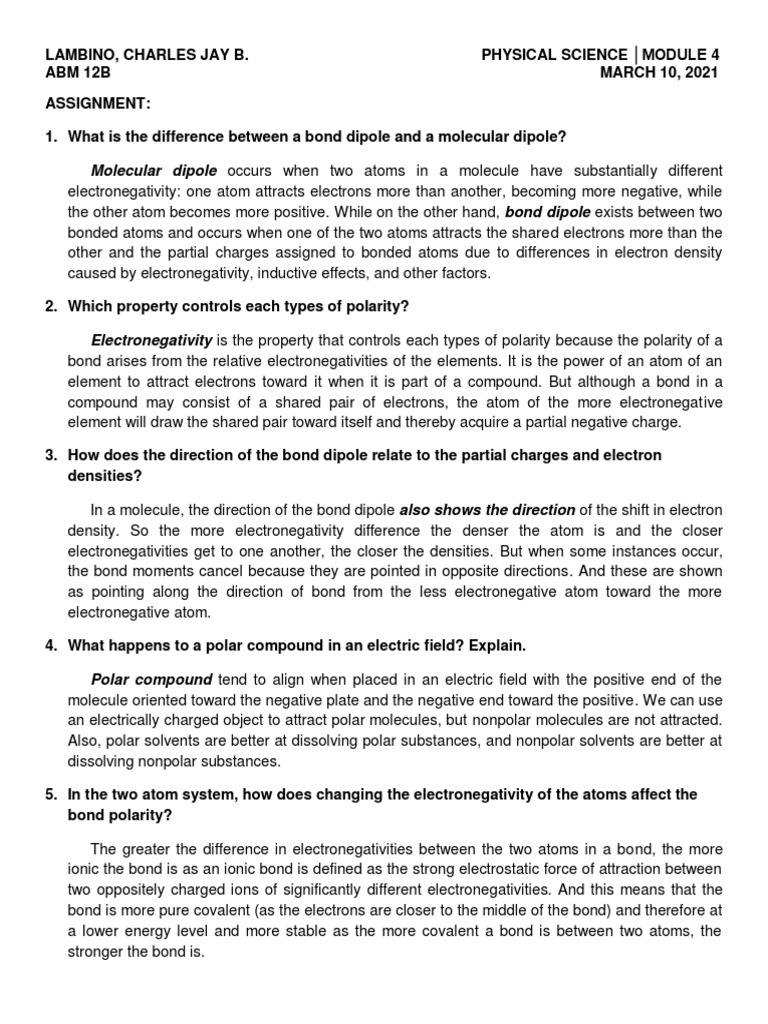 Physical Science - Module 4 (Assignment) | PDF | Chemical Polarity ...
