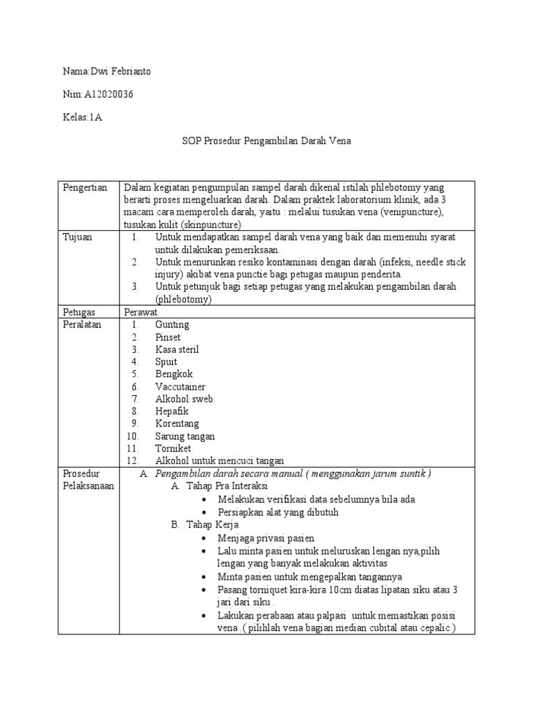 SOP Pengambilan Darah Vena & Arteri | PDF