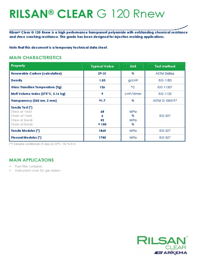 TDS - RilsanR Clear 120 Rnew - 2013.09 | PDF | Young's Modulus | Pascal ...