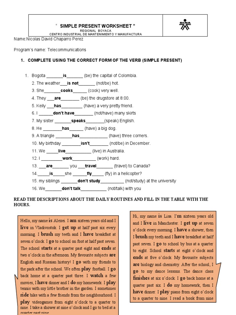 " Simple Present Worksheet ": 1. Complete Using The Correct Form of The ...