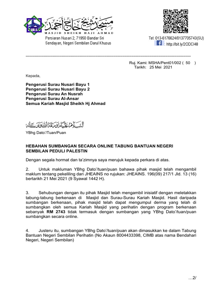 Surat Hebahan Pungutan Derma Palestin Kepada Kariah Masjid | PDF