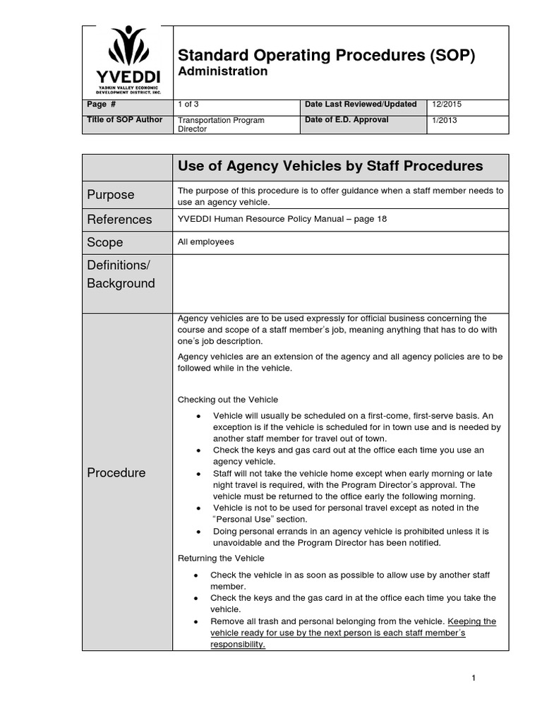 Standard Operating Procedures (SOP) : Use of Agency Vehicles by Staff ...