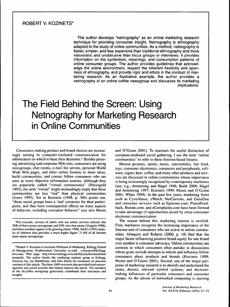 Kozinets - The Field Behind The Screen Netnography | PDF | Ethnography ...