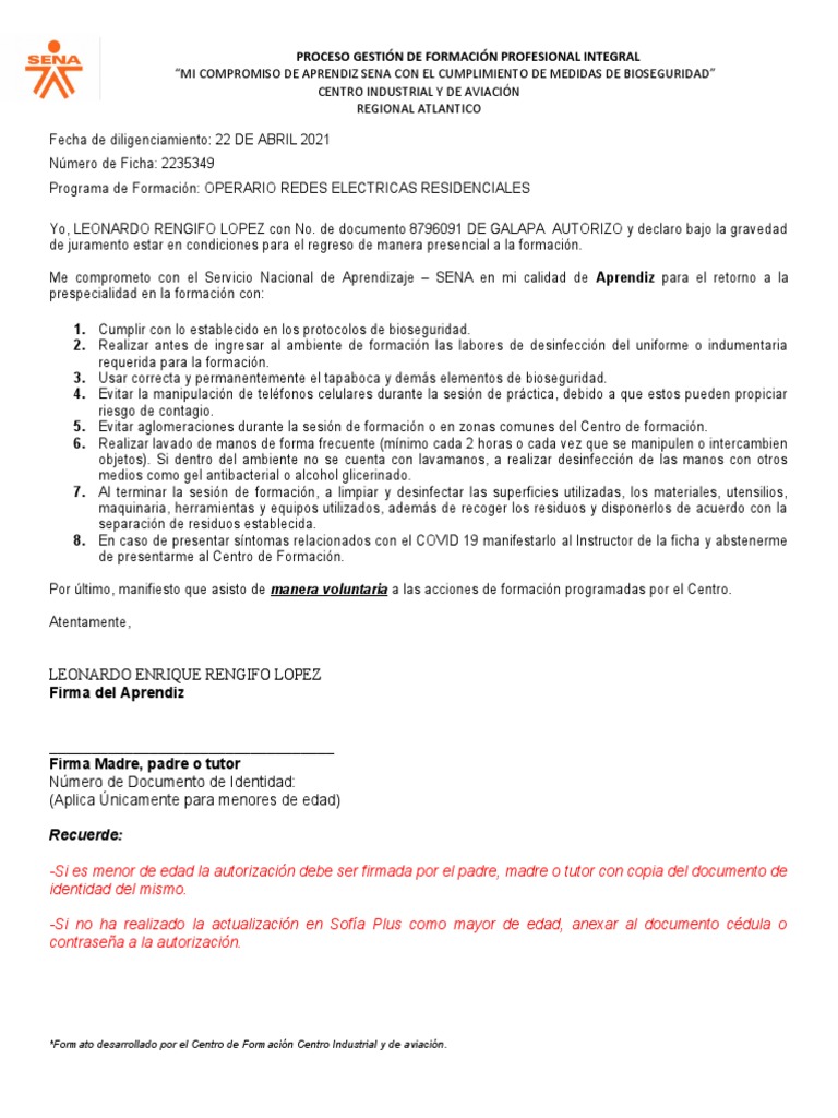 Mi Compromiso de Aprendiz Sena Con El Cumplimiento de Medidas de Bioseguridad | PDF | Médico de ...