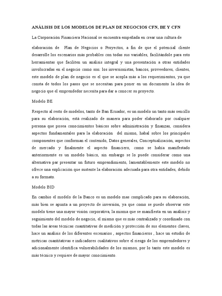 Análisis de los modelos CFN, BE y BID para planes de negocio | PDF