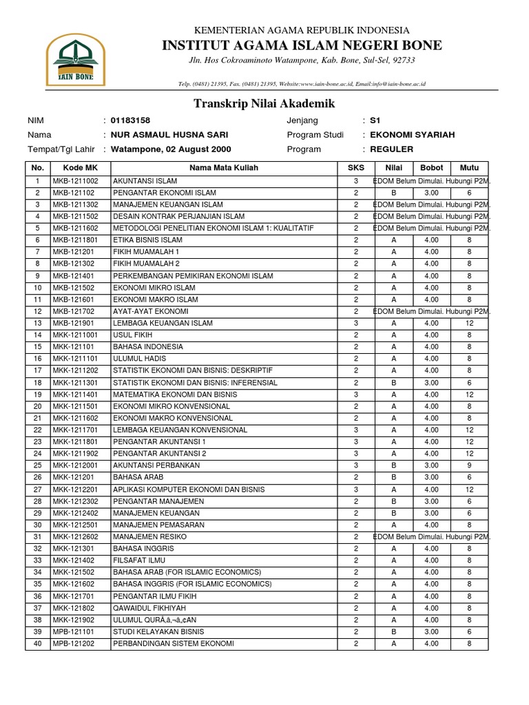 Transkrip Nilai S1 Ekonomi Syariah | PDF