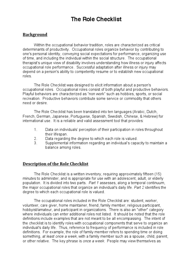 Role Checklist With Instructions | PDF | Occupational Therapy | Hobbies
