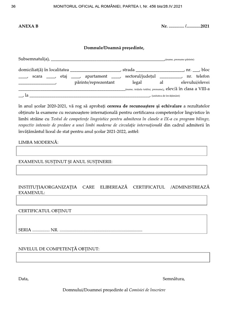 Cerere Echivalare CERTIFICAT Examen Lb. Engleza | PDF