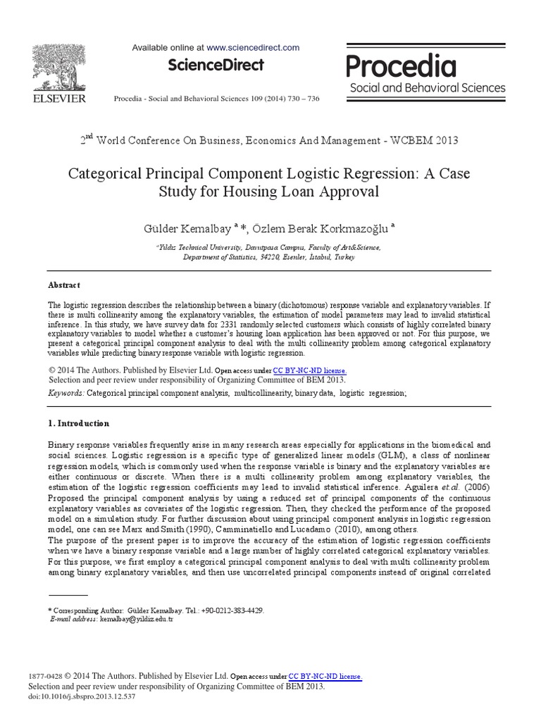 Sciencedirect: Categorical Principal Component Logistic Regression: A Case Study For Housing ...