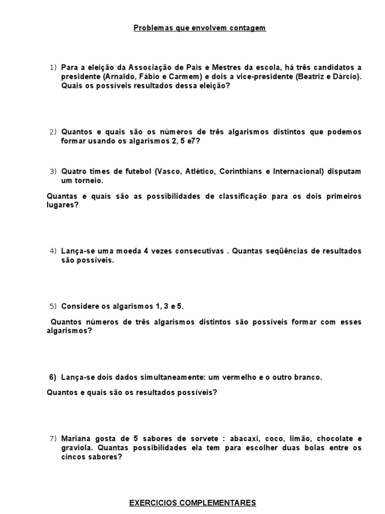 Exercícios - Problemas que envolvem contagem