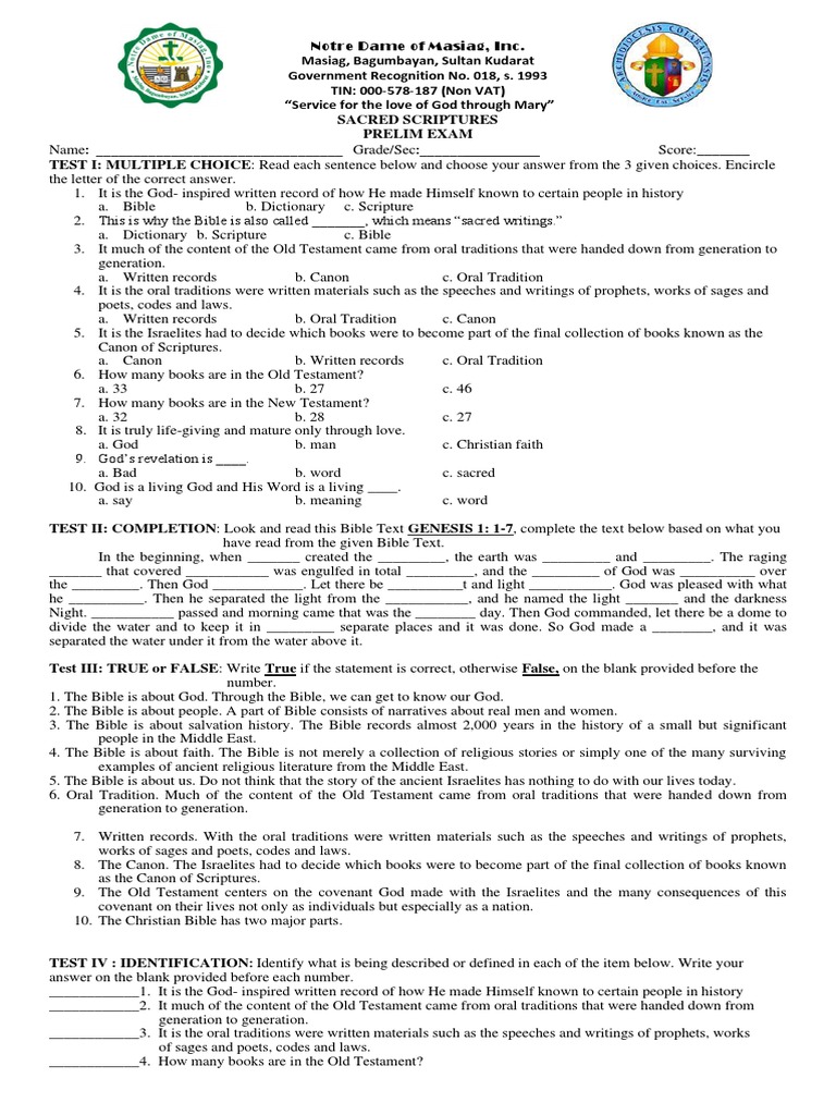 Sacred Scriptures Prelim - Final | PDF | Adam And Eve | Bible