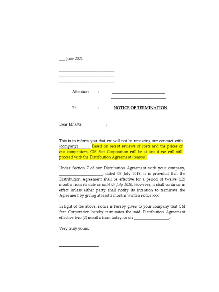 DRAFT Notice of Termination - Distribution Agreement | PDF