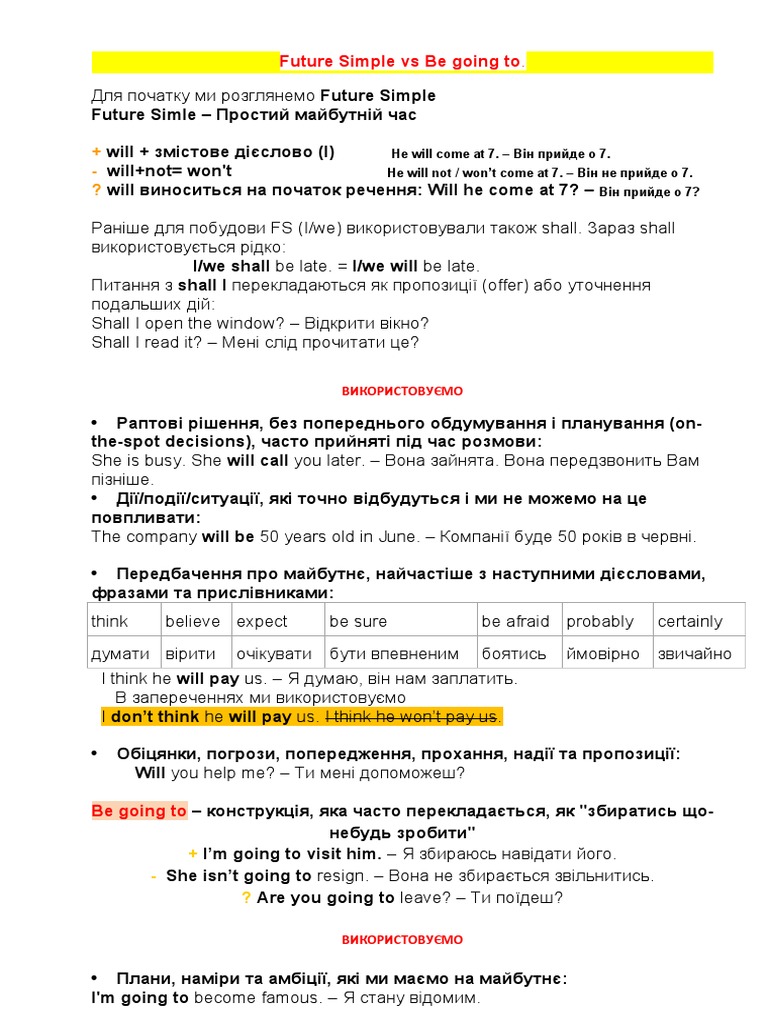 Future Simple Vs Going To | PDF