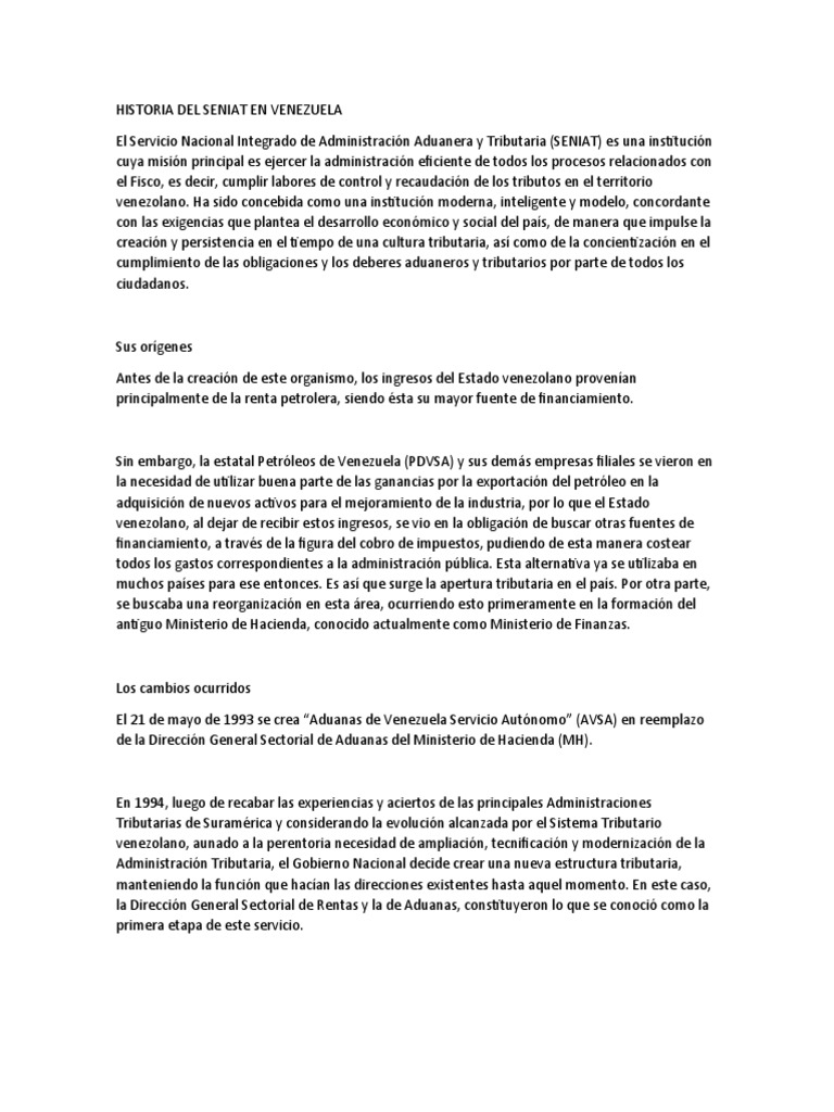 Historia del SENIAT en Venezuela | PDF | Venezuela | aduana