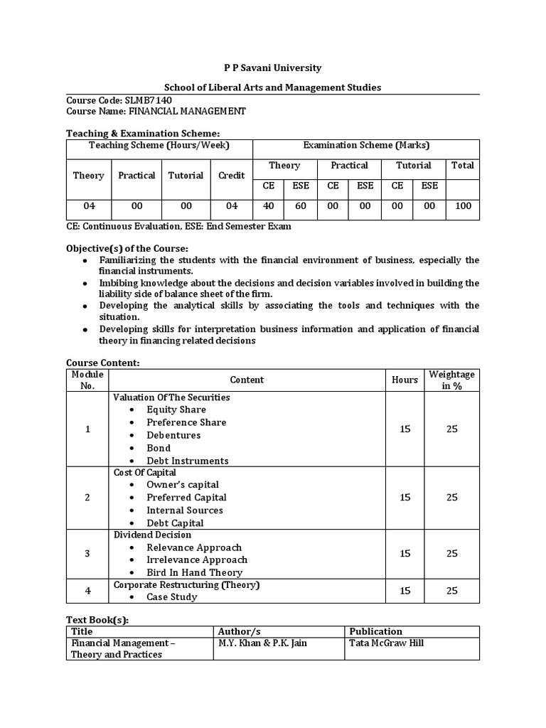 Course Syllabus for Financial Management at P P Savani University | PDF ...