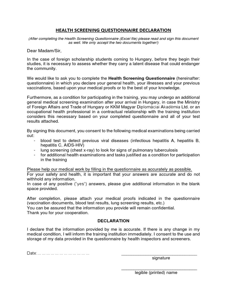 Health Screening Declaration Form | PDF | Screening (Medicine) | Hepatitis