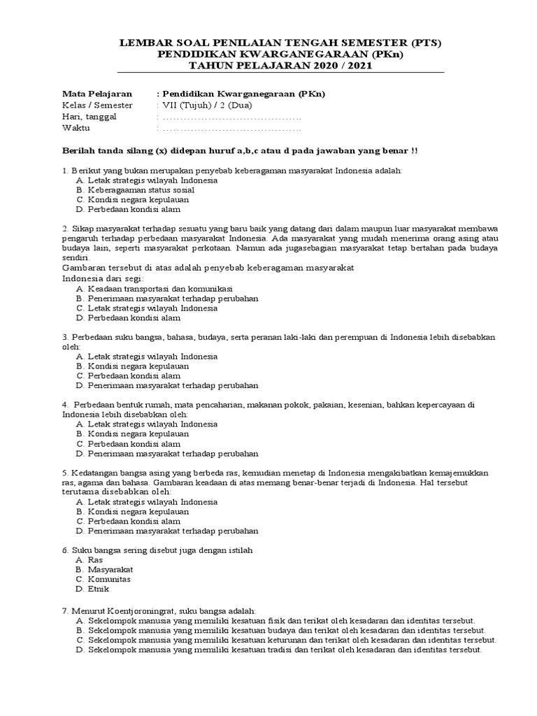 PTS PKN sm2 Kelas 7 | PDF