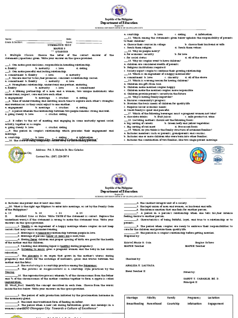 2q Summative Exam Mapeh 8 | PDF | Pregnancy | Drink
