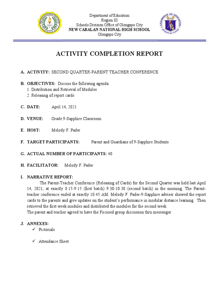 Activity Completion Report: New Cabalan National High School | PDF ...