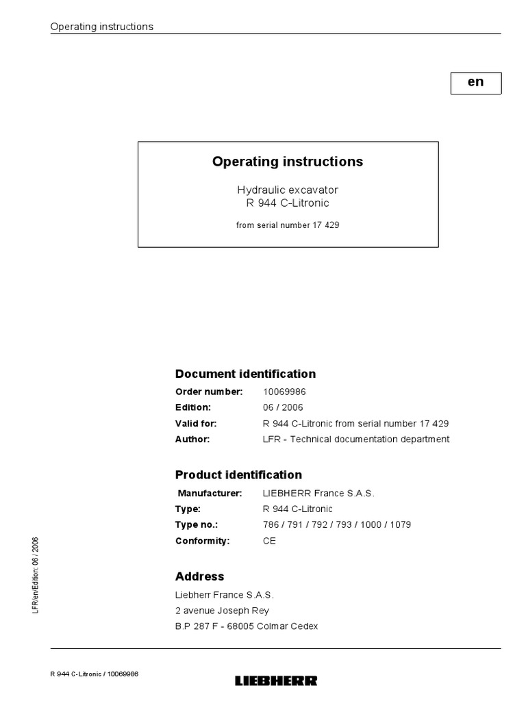 Instrukciya Po Ekspluatacii Gusenichnogo Ekskavatora Liebherr R 944 C Litronic Operation ...
