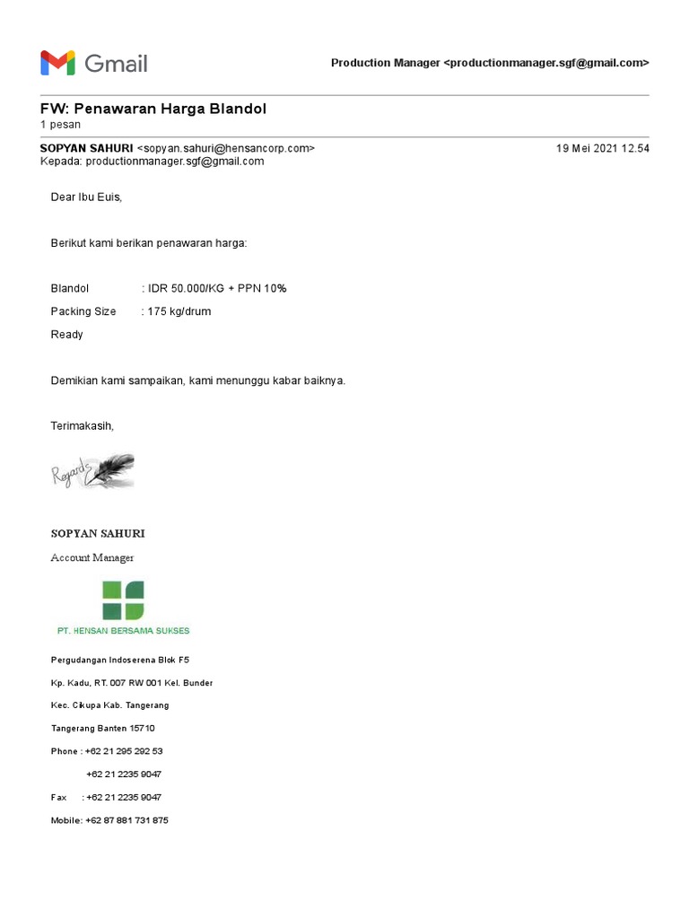 Gmail - FW - Penawaran Harga Blandol | PDF | Memasak, Makanan, & Anggur