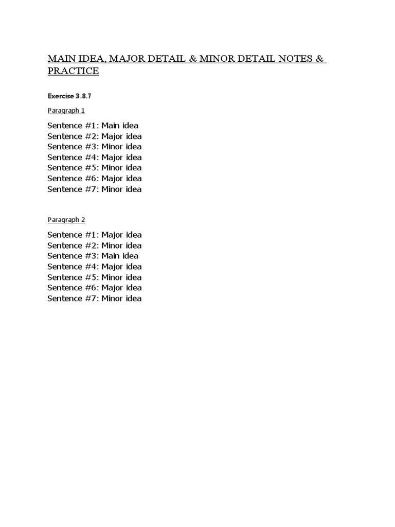 Main Idea, Major Detail & Minor Detail Notes & Practice: Exercise 3.8.7 ...