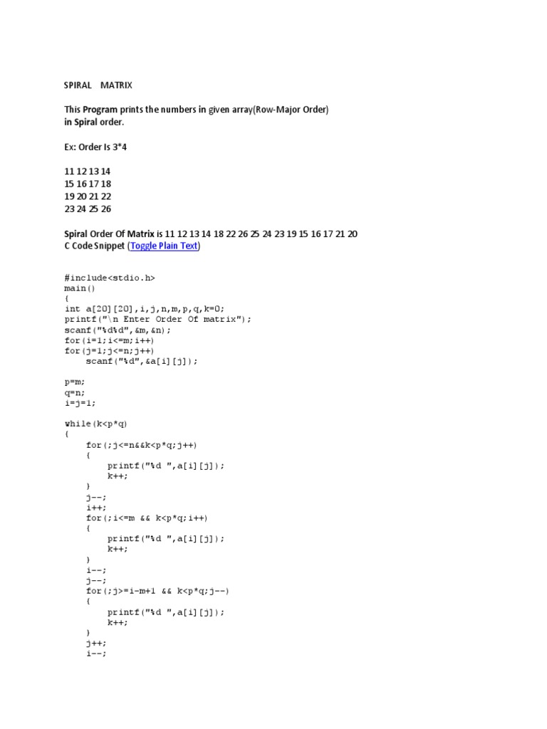 Spiral Matrix Printing in C Code | PDF