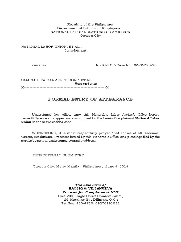 Entry of Appearance Baclig Villanueva | PDF | Government | Justice