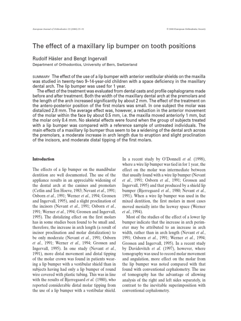 The Effect of A Maxillary Lip Bumper On Tooth Positions: Rudolf Häsler ...