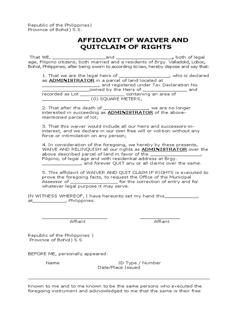 Affidavit of Waiver and Quitclaim of Rights | PDF | Affidavit | Civil ...