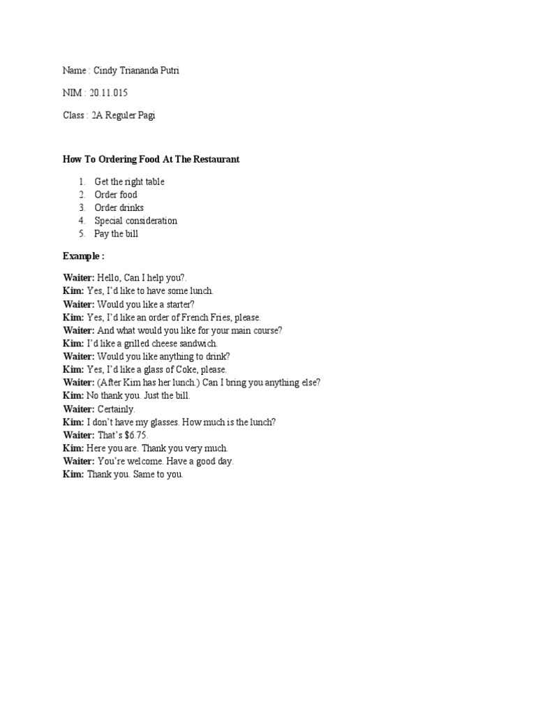 Ordering Food at Restaurants Guide | PDF | Hamburgers | Waiting Staff