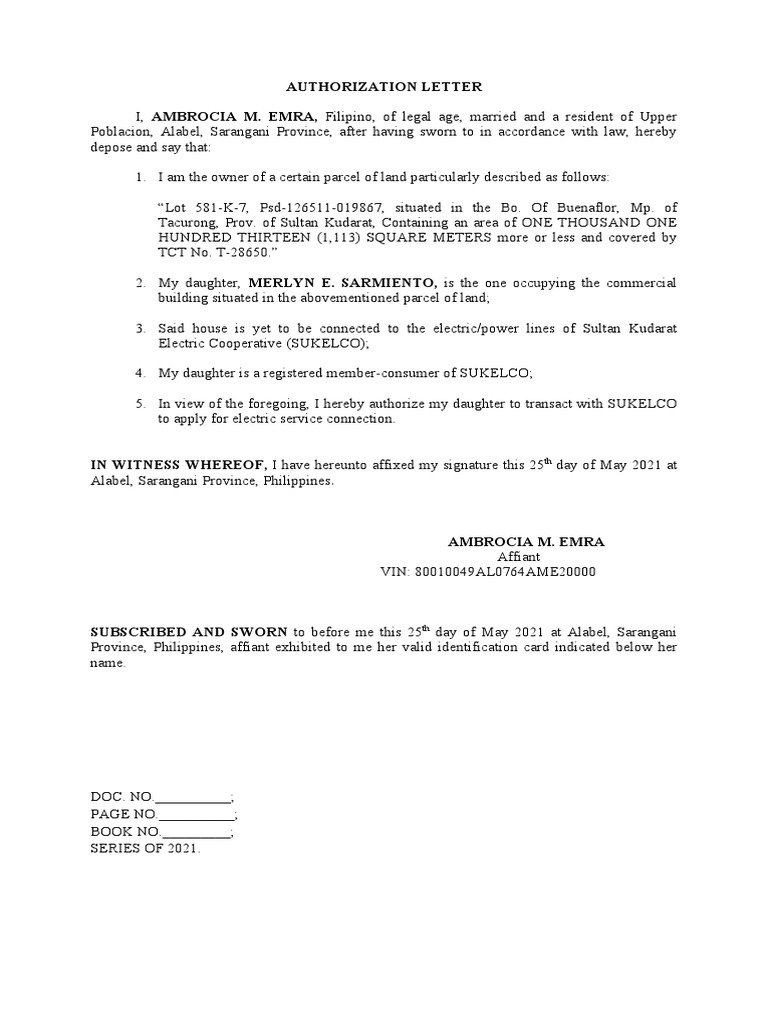 Authorization Letter for Electric Service Connection in the Name of ...