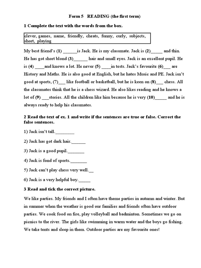 Form 5 READING (The First Term) 1 Complete The Text With The Words From ...