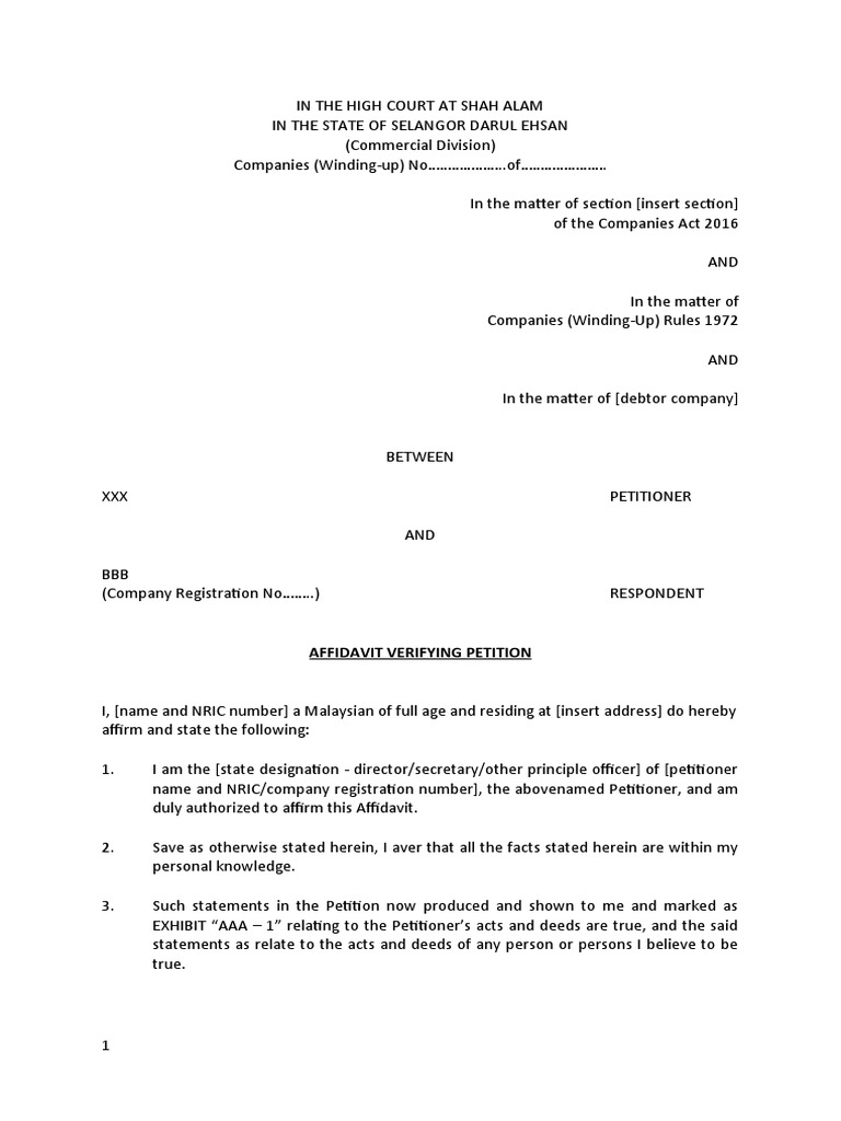 Winding Up Petition Affidavit Template | PDF | Affidavit | Judiciaries
