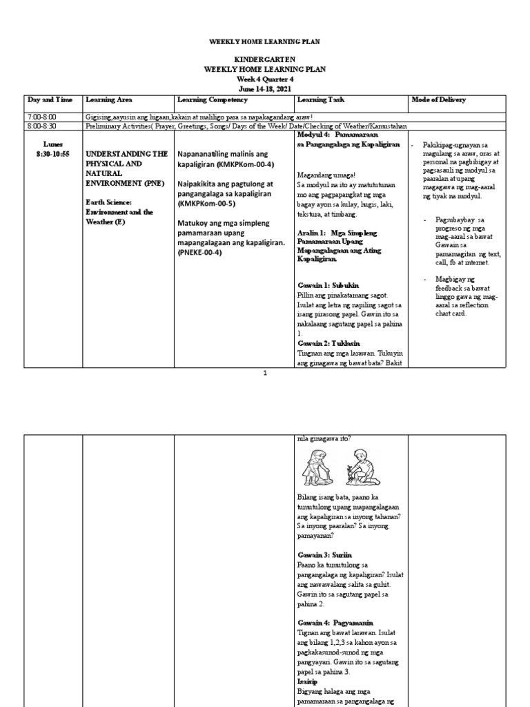 Q4W4 - Kinder Weekly Home Learning Plan | PDF