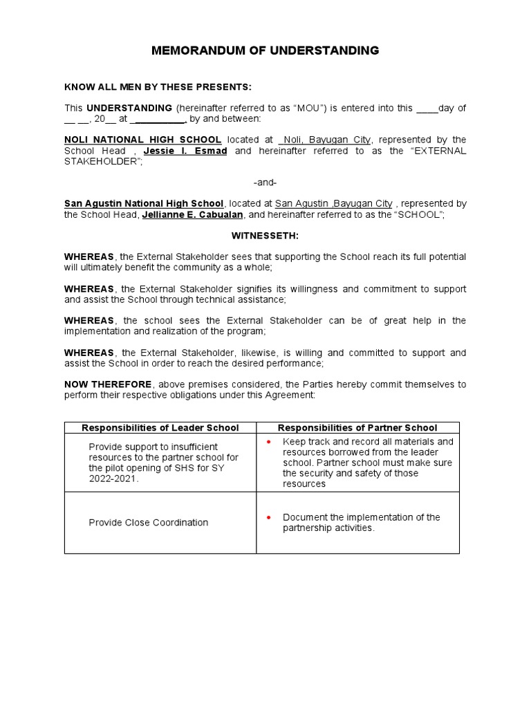 Sample School To School Partnership MOA | PDF | Economies | Business