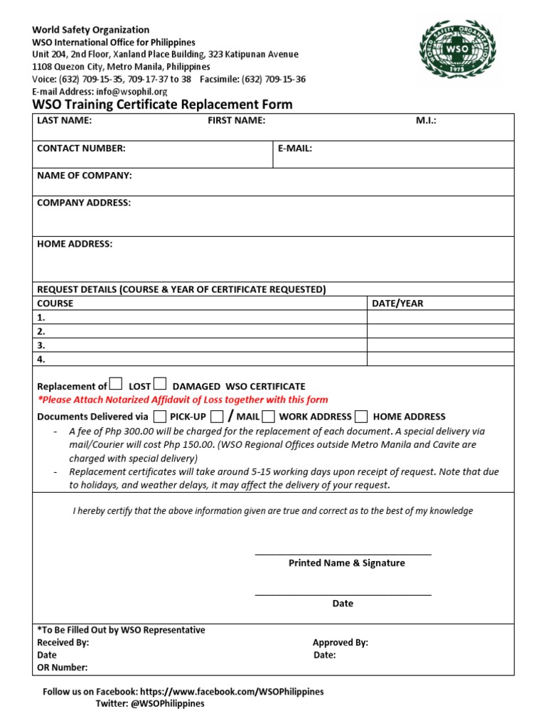 WSO Training Certificate Replacement Form 2019 v3 | PDF