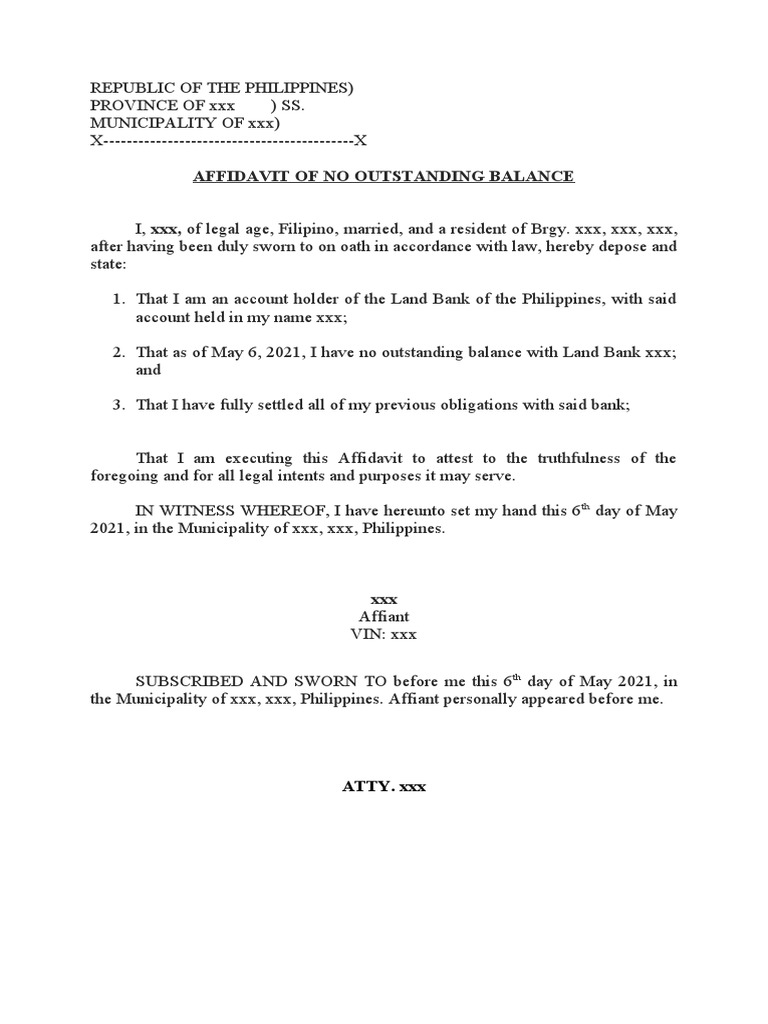 Affidavit of No Outstanding Balance | PDF | Politics | Social Science