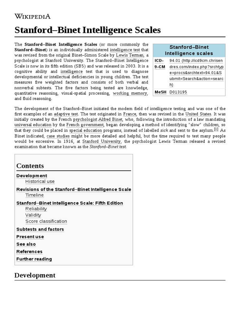 Stanford-Binet Intelligence Scales | PDF | Mental Processes | Psychology